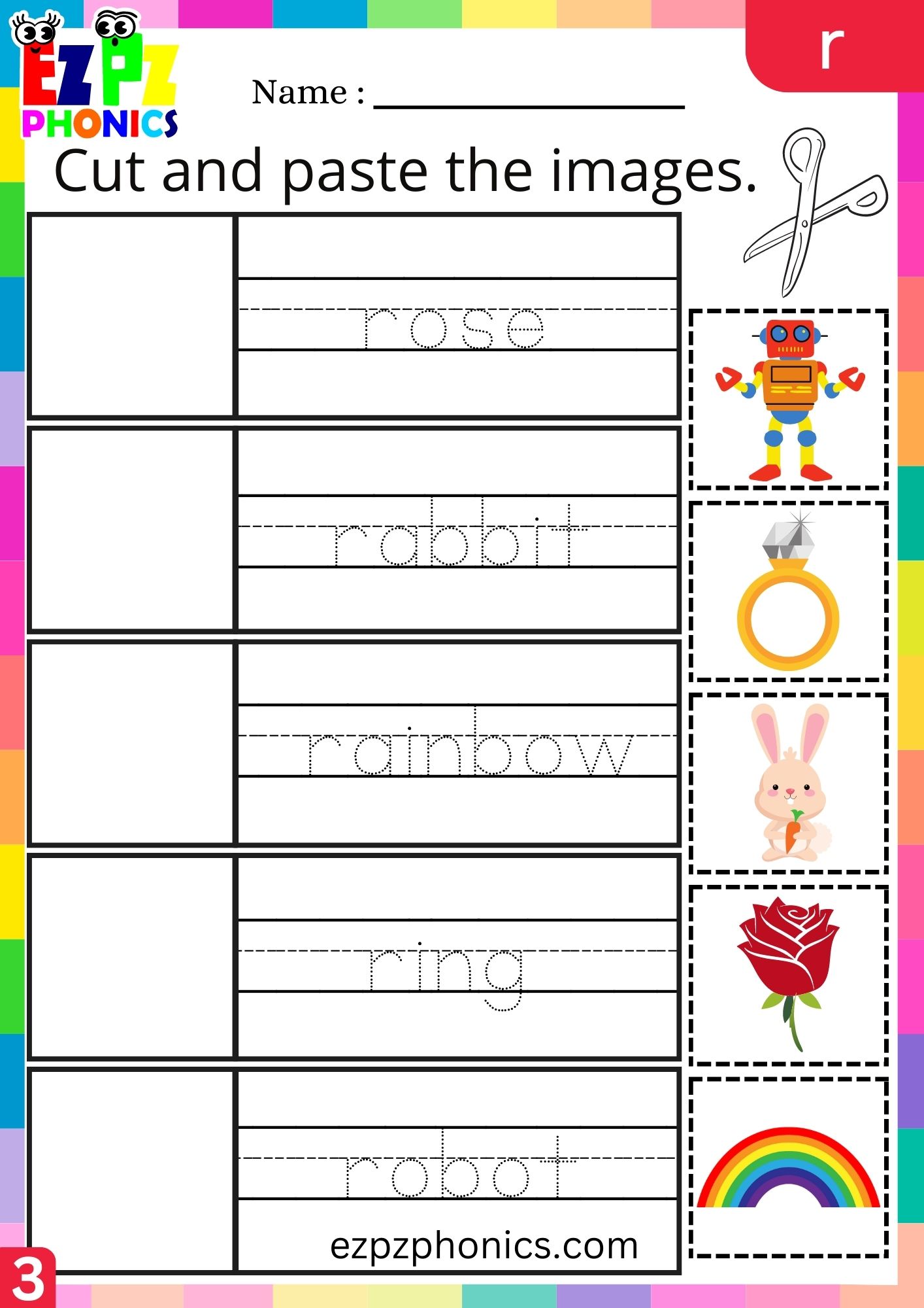 Letter r Cut and Paste the Images and Write the Words Group 3 - ezpzphonics.com